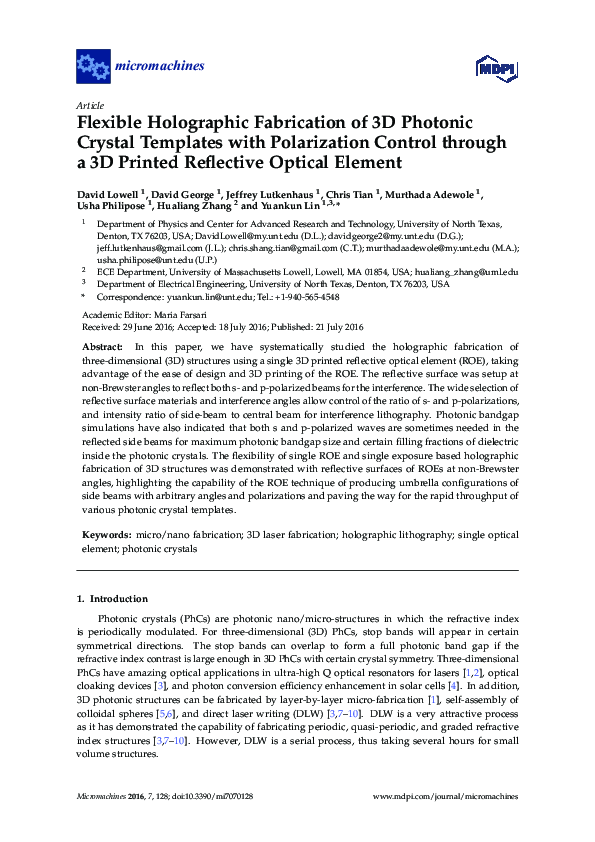 (PDF) Flexible Holographic Fabrication of 3D Photonic Crystal Templates ...