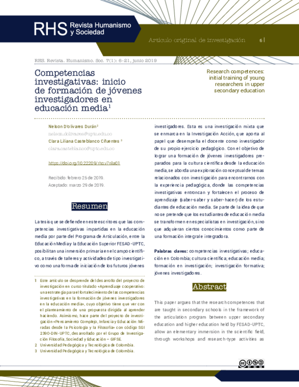 (PDF) Competencias investigativas: inicio de formación de jóvenes investigadores en educación media