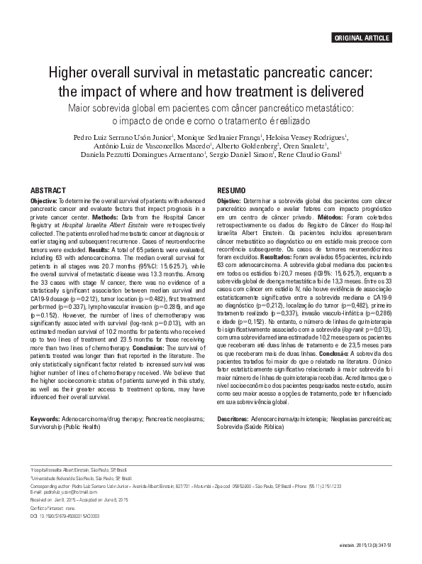 (PDF) Higher overall survival in metastatic pancreatic cancer: the impact of where and how ...