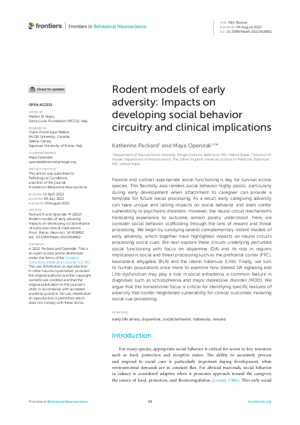 (PDF) Rodent models of early adversity: Impacts on developing social ...