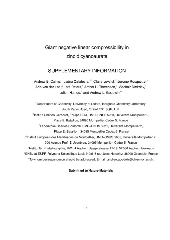 (PDF) Giant negative linear compressibility in zinc dicyanoaurate