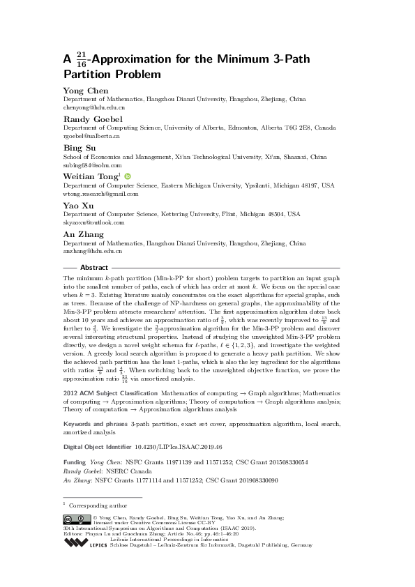 (PDF) A 21/16-Approximation for the Minimum 3-Path Partition Problem