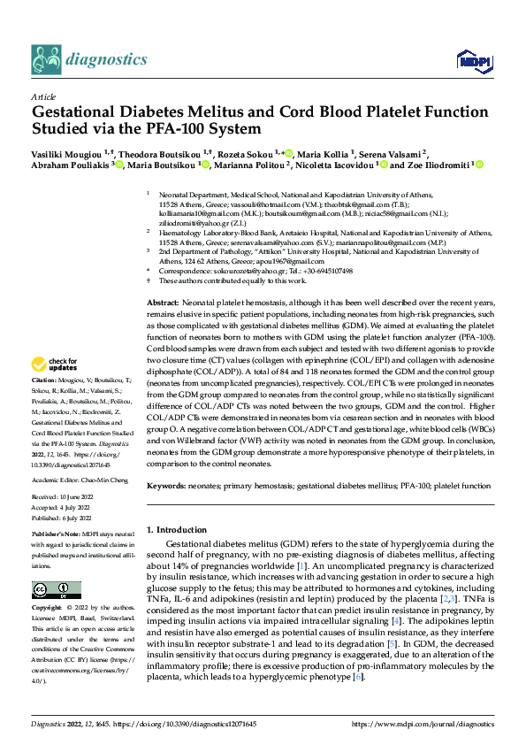 Gestational Diabetes Melitus and Cord Blood Platelet Function Studied ...