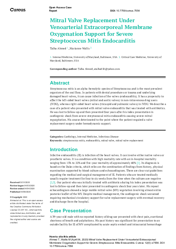 (PDF) Mitral Valve Replacement Under Venoarterial Extracorporeal ...