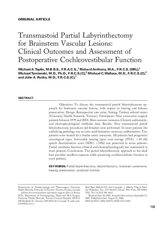 Transmastoid Partial Labyrinthectomy for Brainstem Vascular Lesions ...