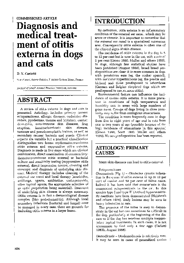 Diagnosis and medical treatment of otitis externa in dogs and cats