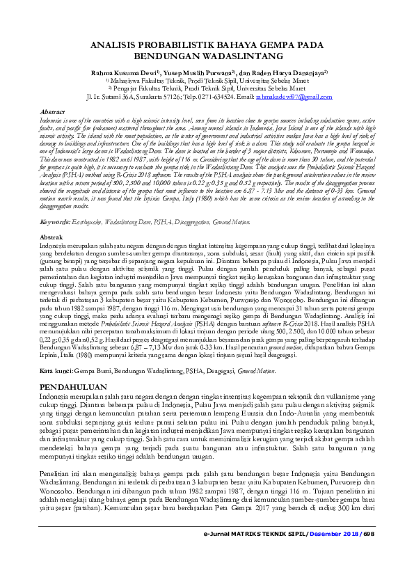 (PDF) Analisis Probabilistik Bahaya Gempa Pada Bendungan Wadaslintang