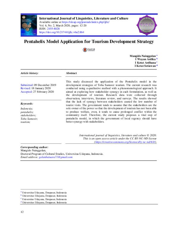 (PDF) Pentahelix model application for tourism development strategy