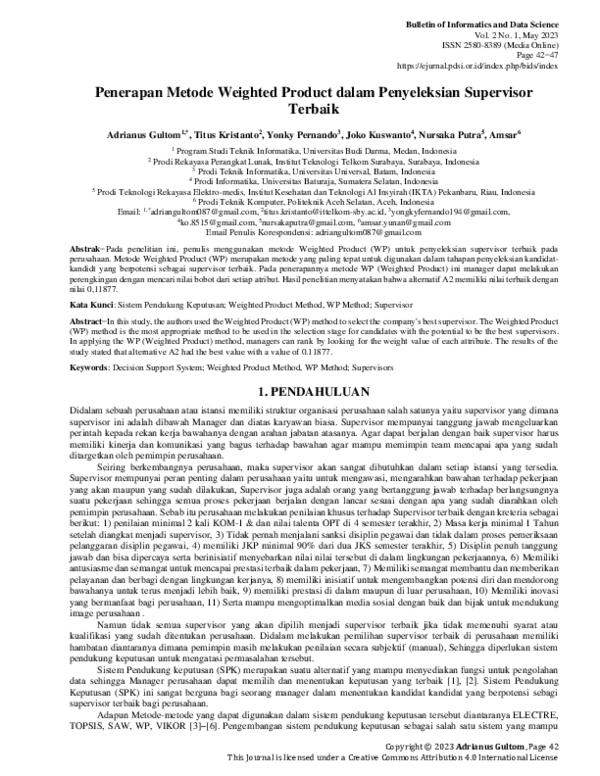 (PDF) Penerapan Metode Weighted Product dalam Penyeleksian Supervisor ...