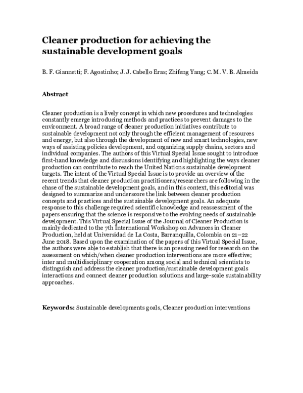 (PDF) Cleaner production for achieving the sustainable development goals