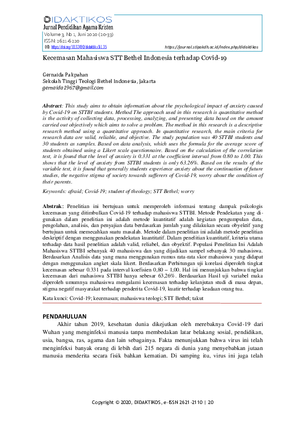 Kecemasan Mahasiswa STT Bethel Indonesia terhadap Covid-19