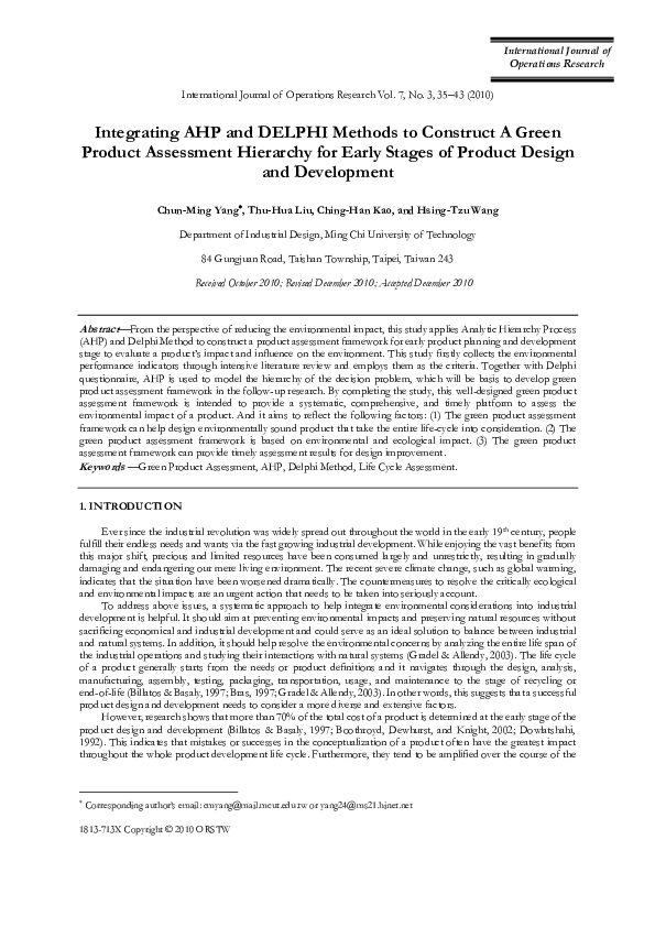 (PDF) Integrating AHP and DELPHI Methods to Construct A Green Product Assessment Hierarchy for ...