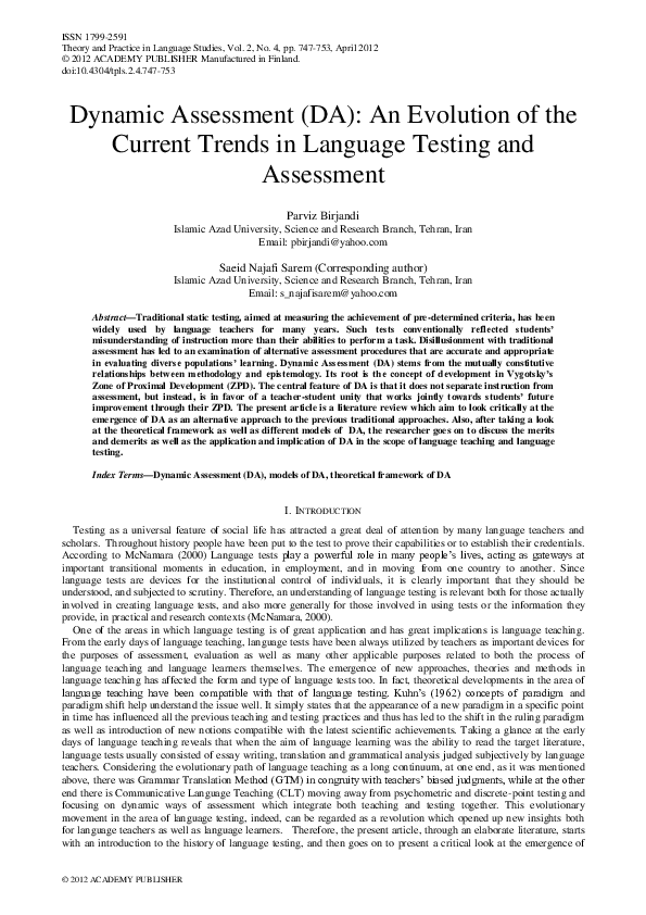 (PDF) Dynamic Assessment (DA): An Evolution of the Current Trends in ...