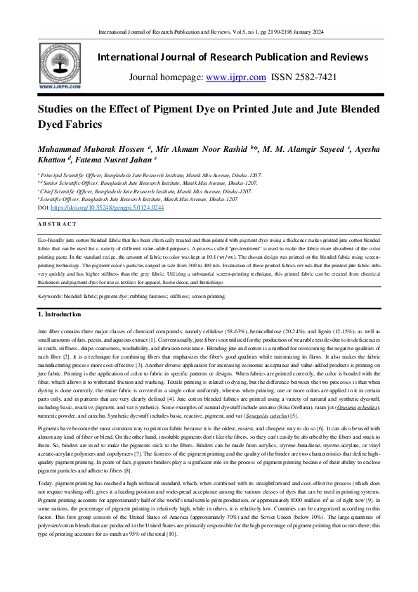 (PDF) Studies on the Effect of Pigment Dye on Printed Jute and Jute ...