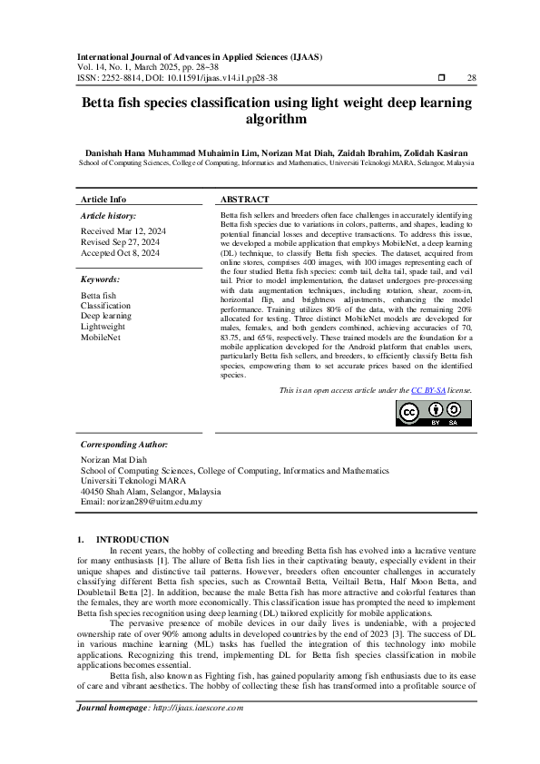 (PDF) Betta fish species classification using light weight deep ...