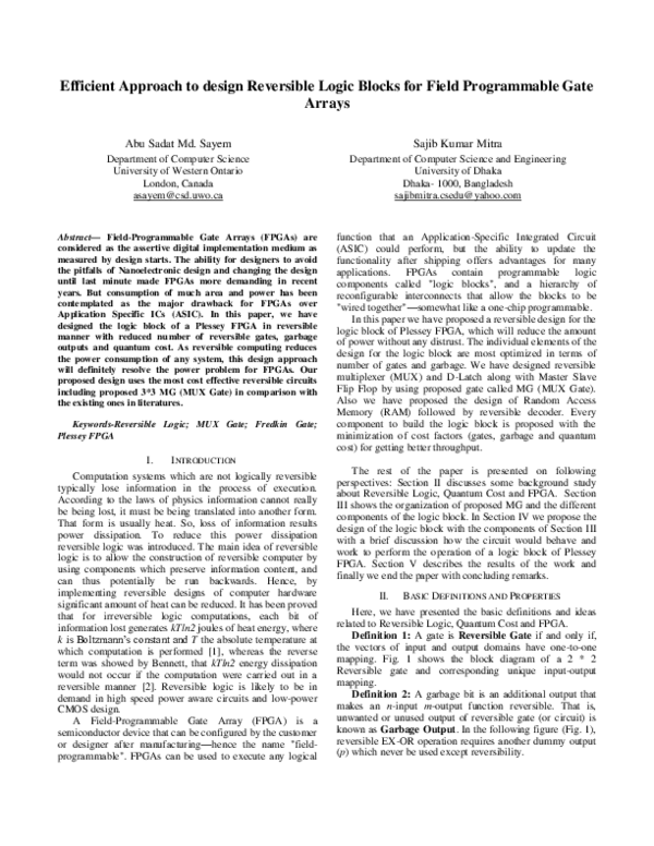 (PDF) Efficient Approach to design Reversible Logic Blocks for Field Programmable Gate Arrays