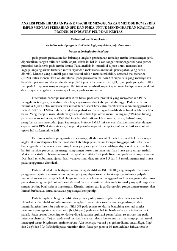 (PDF) ANALISI PEMELIHARAAN PAPER MACHINE MENGGUNAKAN METODE RCM SERTA IMPLEMENTASI PERBAIKAN SPC ...