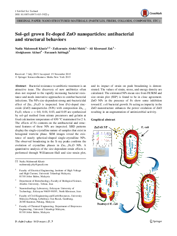 (PDF) Sol–gel grown Fe-doped ZnO nanoparticles: antibacterial and structural behaviors