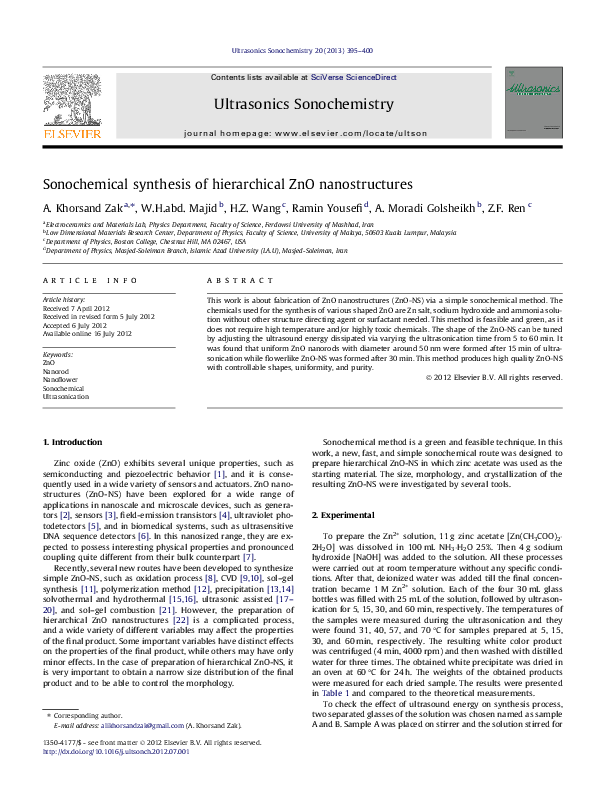 (PDF) Sonochemical synthesis of hierarchical ZnO nanostructures