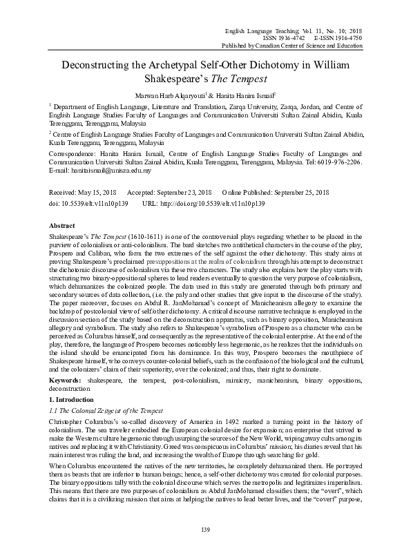 (PDF) Deconstructing the Archetypal Self-Other Dichotomy in William Shakespeare’s The Tempest