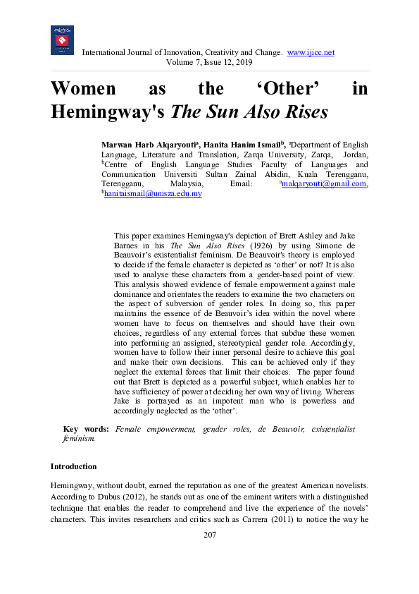 (PDF) Women as the ‘Other’ in Hemingway's The Sun Also Rises