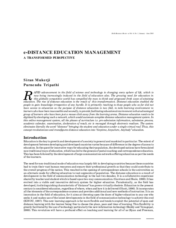 (PDF) e-DISTANCE EDUCATION MANAGEMENT A TRANSFORMED PERSPECTIVE
