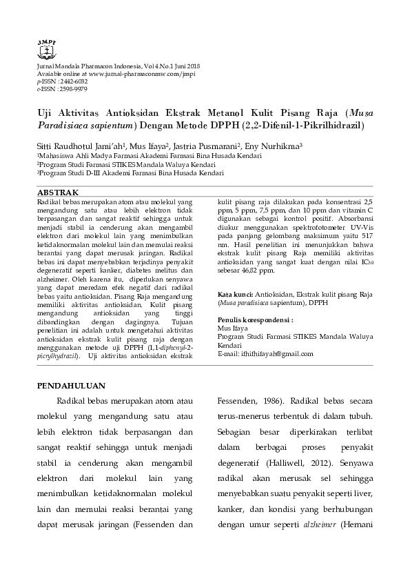 (PDF) Uji Aktivitas Antioksidan Ekstrak Metanol Kulit Pisang Raja (Musa Paradisiaca sapientum ...