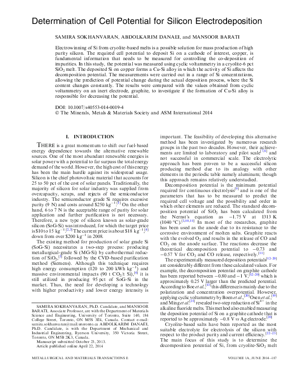 (PDF) Determination of Cell Potential for Silicon Electrodeposition