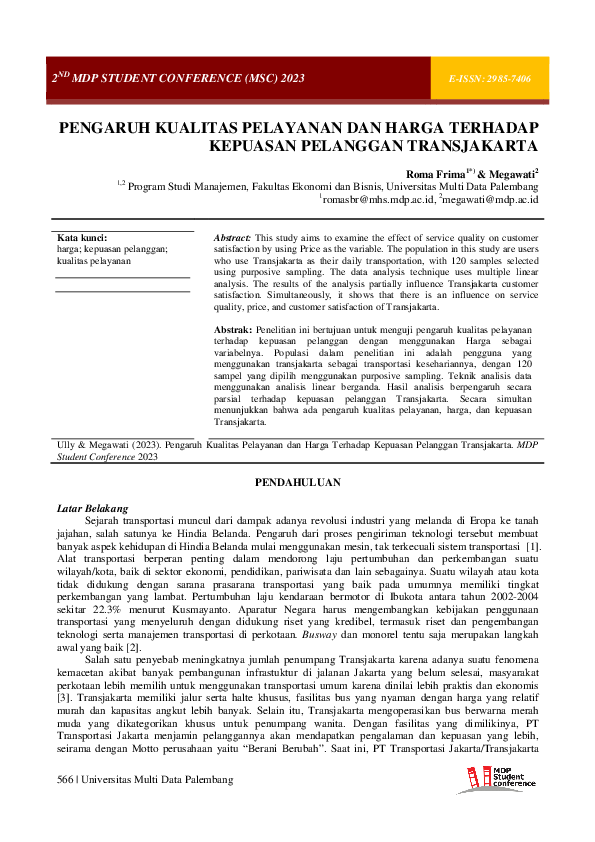 (PDF) Pengaruh Kualitas Pelayanan dan Harga Terhadap Kepuasan Pelanggan Transjakarta