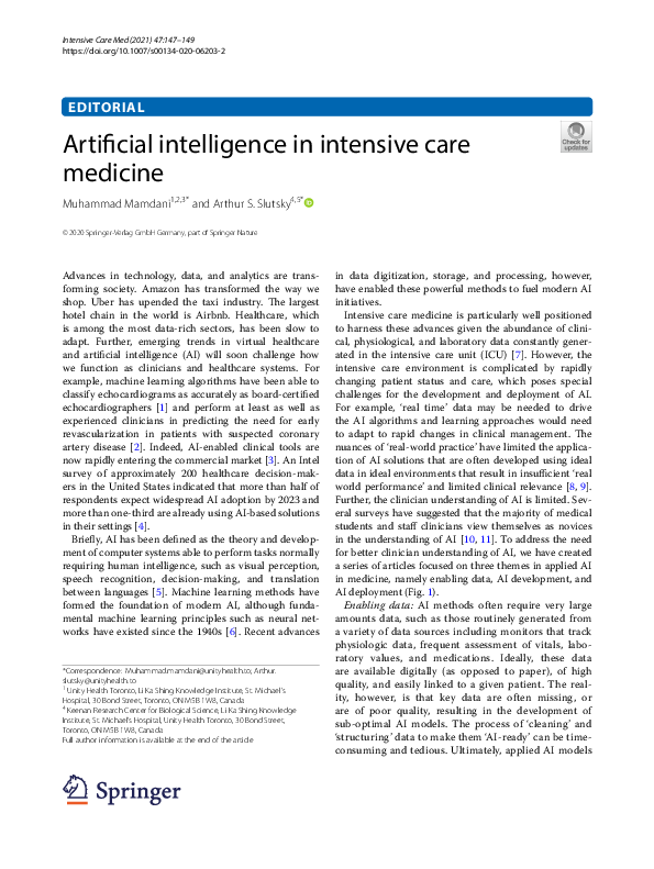 (PDF) Artificial intelligence in intensive care medicine