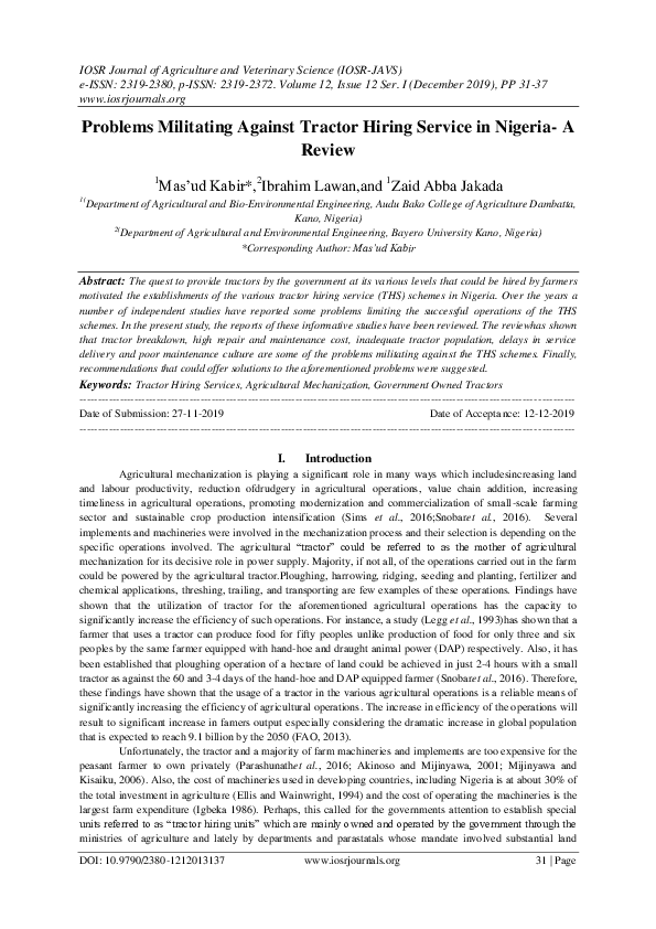(PDF) Problems Militating Against Tractor Hiring Service in Nigeria- A ...