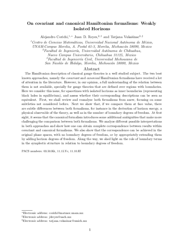 Pdf On Covariant And Canonical Hamiltonian Formalisms Weakly Isolated Horizons