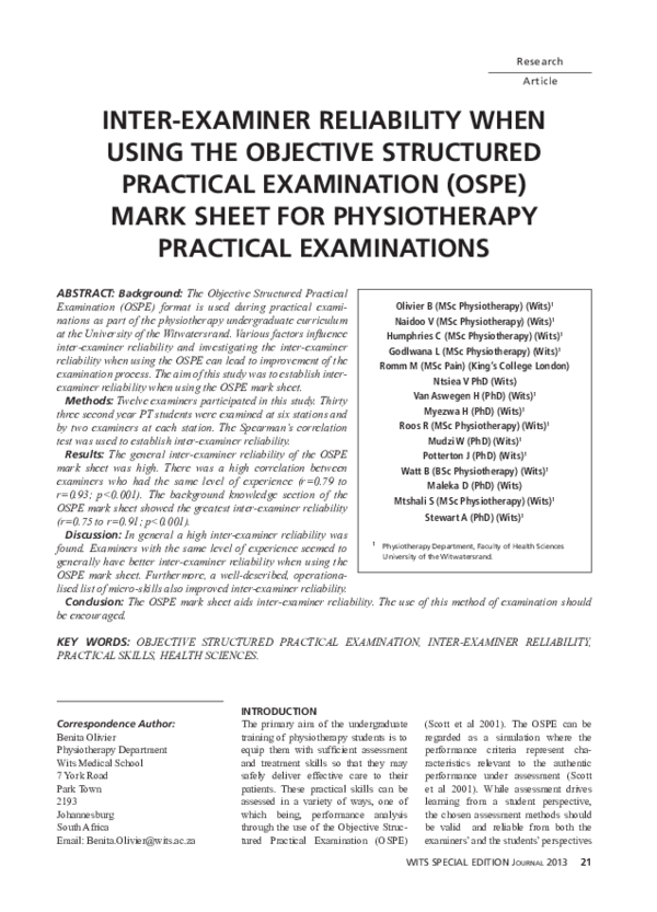 (PDF) Inter-examiner reliability when using the Objective Structured ...