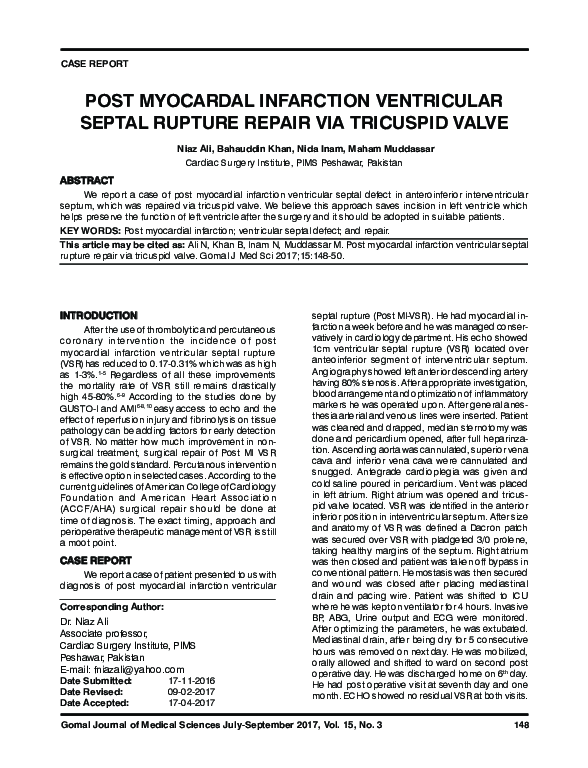 (PDF) Post Myocardal Infarction Ventricular Septal Rupture Repair via ...