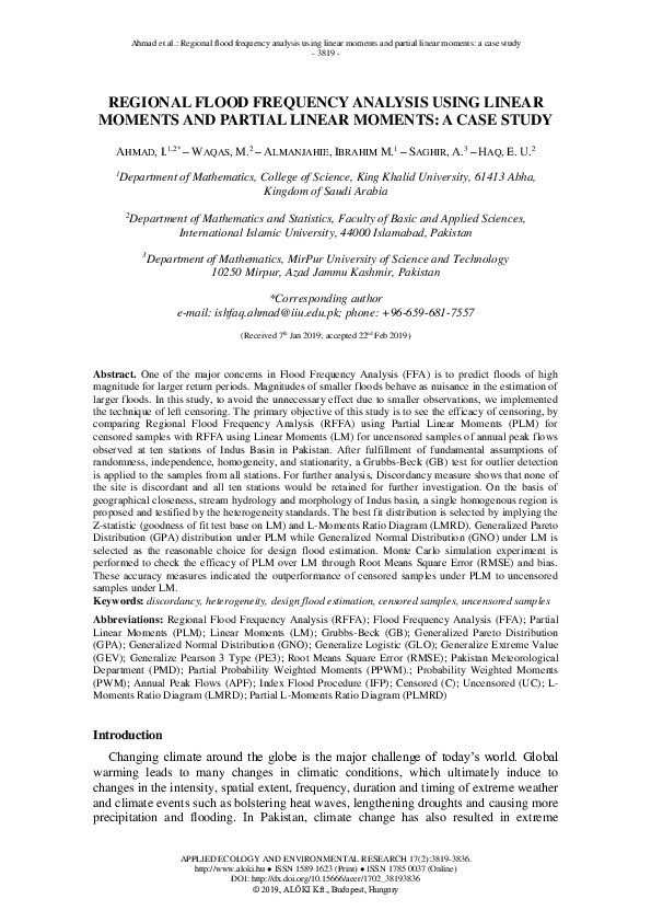 (PDF) Regional Flood Frequency Analysis Using Linear Moments and Partial Linear Moments: A Case ...
