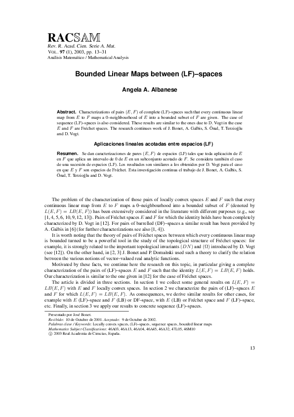 (PDF) Análisis Matemático / Mathematical Analysis Bounded Linear Maps between (LF)–spaces