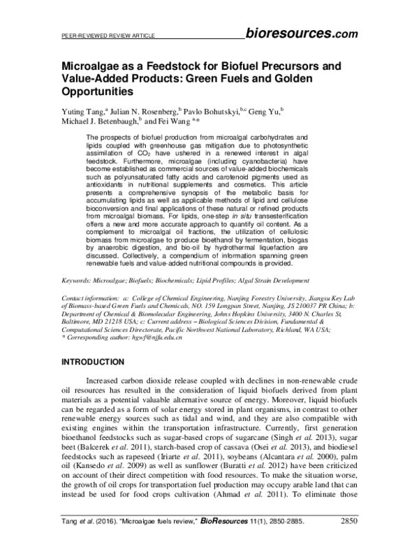 Microalgae as a Feedstock for Biofuel Precursors and Value-Added Products: Green Fuels and ...