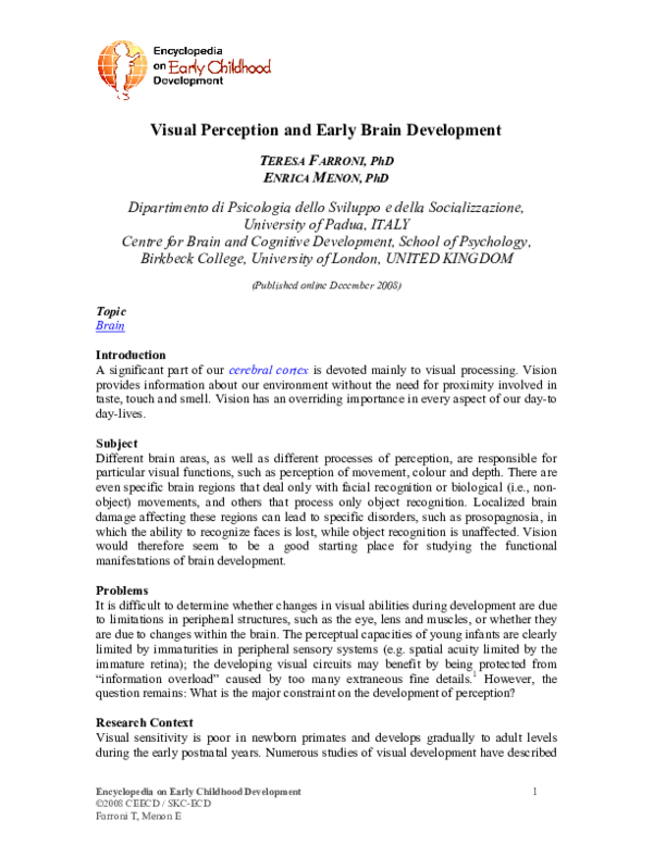(PDF) Visual Perception and Early Brain Development