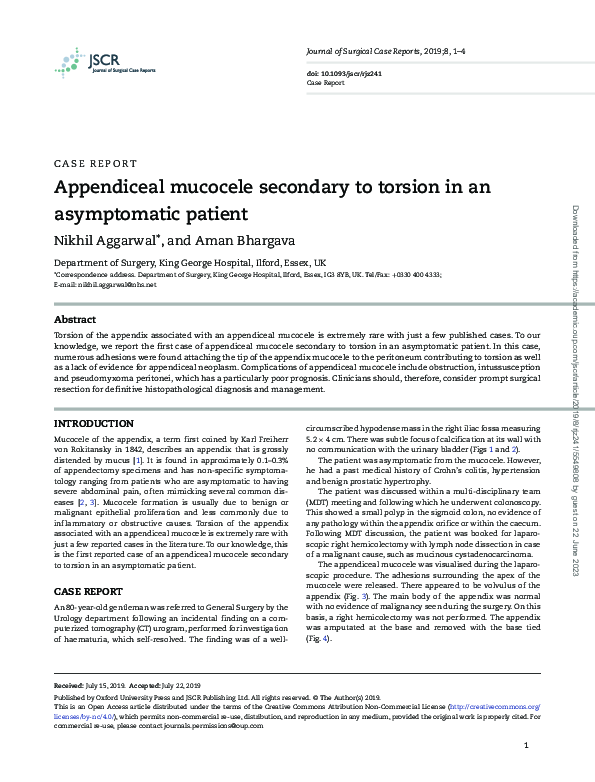 (PDF) Appendiceal mucocele secondary to torsion in an asymptomatic patient
