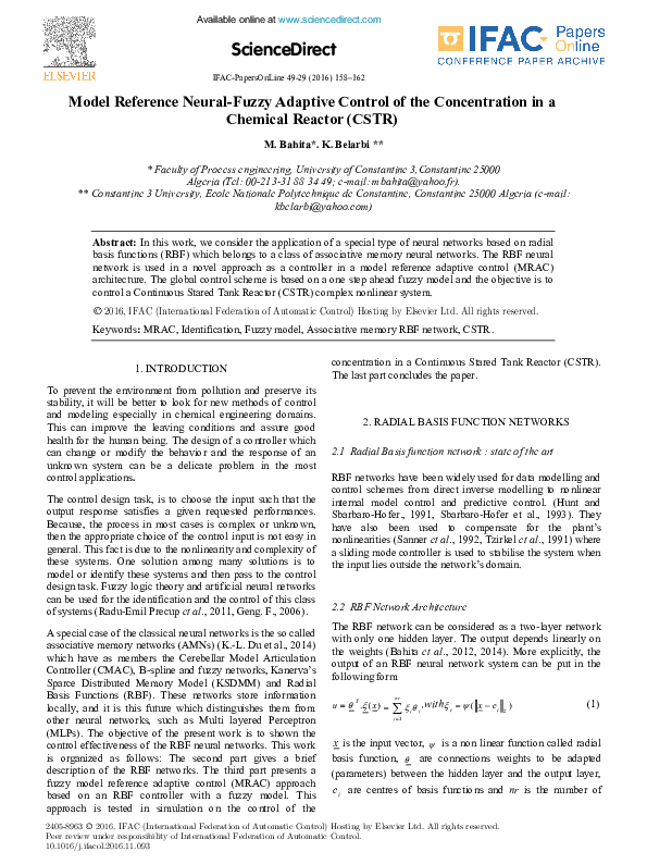 (PDF) Model Reference Neural-Fuzzy Adaptive Control of the Concentration in a Chemical Reactor ...