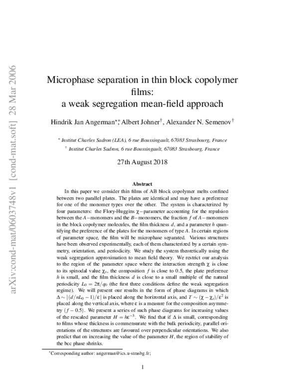 (PDF) Microphase Separation in Thin Block Copolymer Films: A Weak ...