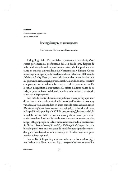 (PDF) Irving Singer, in memoriam