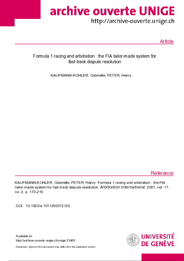 (PDF) Formula 1 Racing and Arbitration: The FIA Tailor-Made System for ...