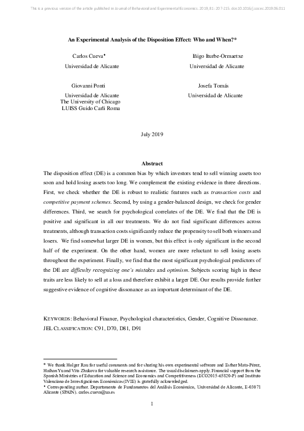 (PDF) An experimental analysis of the disposition effect: Who and when?