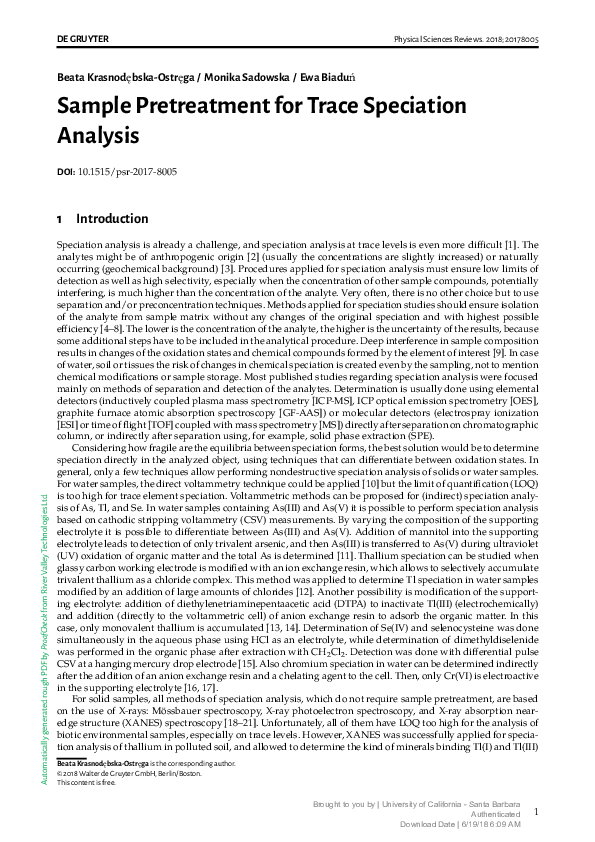 (PDF) Sample Pretreatment for Trace Speciation Analysis