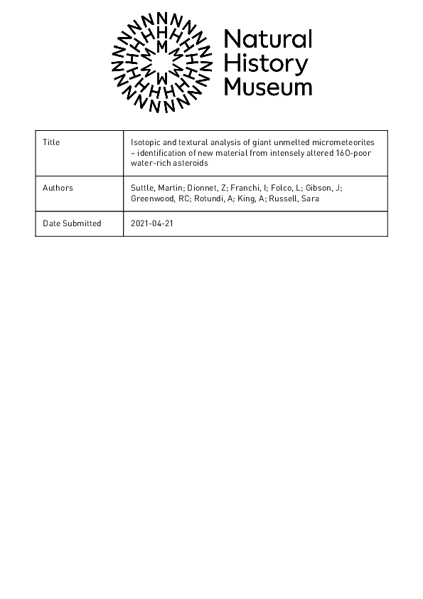 (PDF) Isotopic and textural analysis of giant unmelted micrometeorites ...
