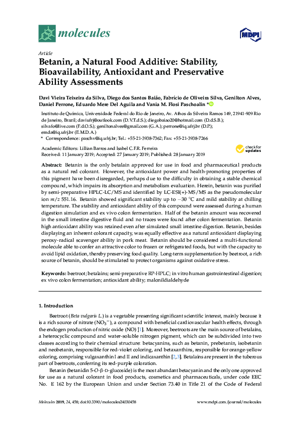 (PDF) Betanin, a Natural Food Additive: Stability, Bioavailability ...