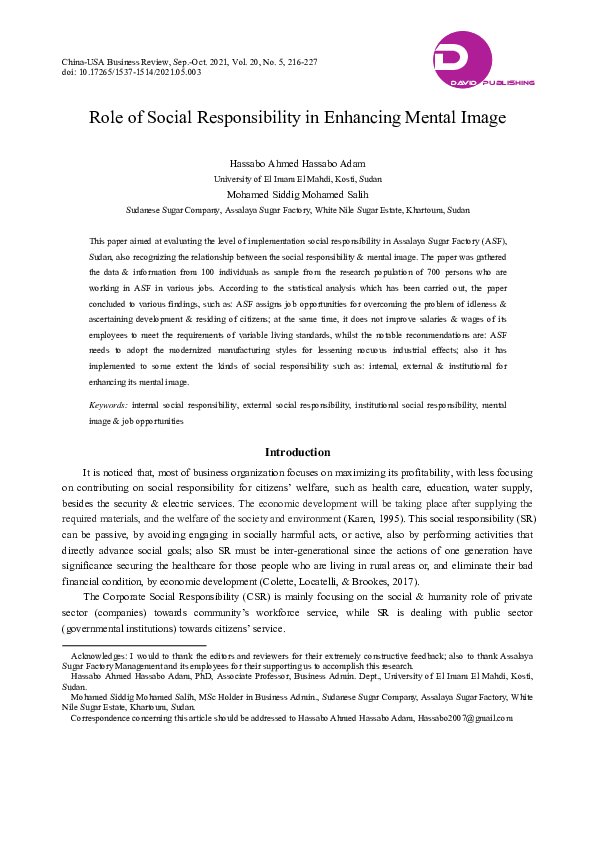 (PDF) Role of Social Responsibility in Enhancing Mental Image
