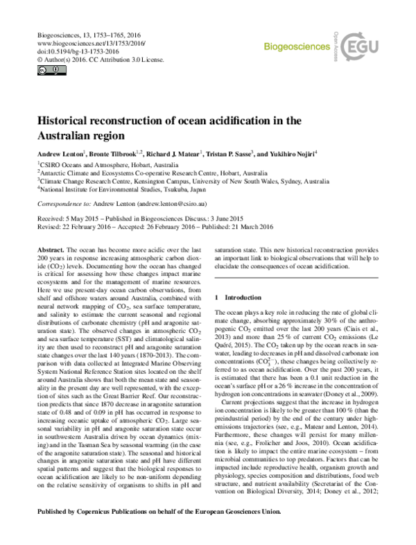 (PDF) Historical reconstruction of ocean acidification in the ...