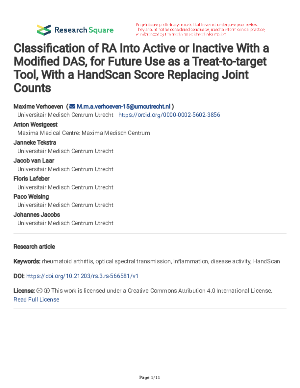 (PDF) Classification of RA Into Active or Inactive With a Modified DAS ...